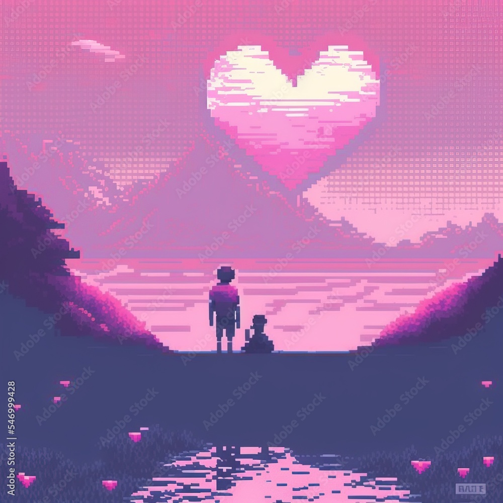 Pixel Romantic landscape with big heart in sky. Pixelated Valentine's ...