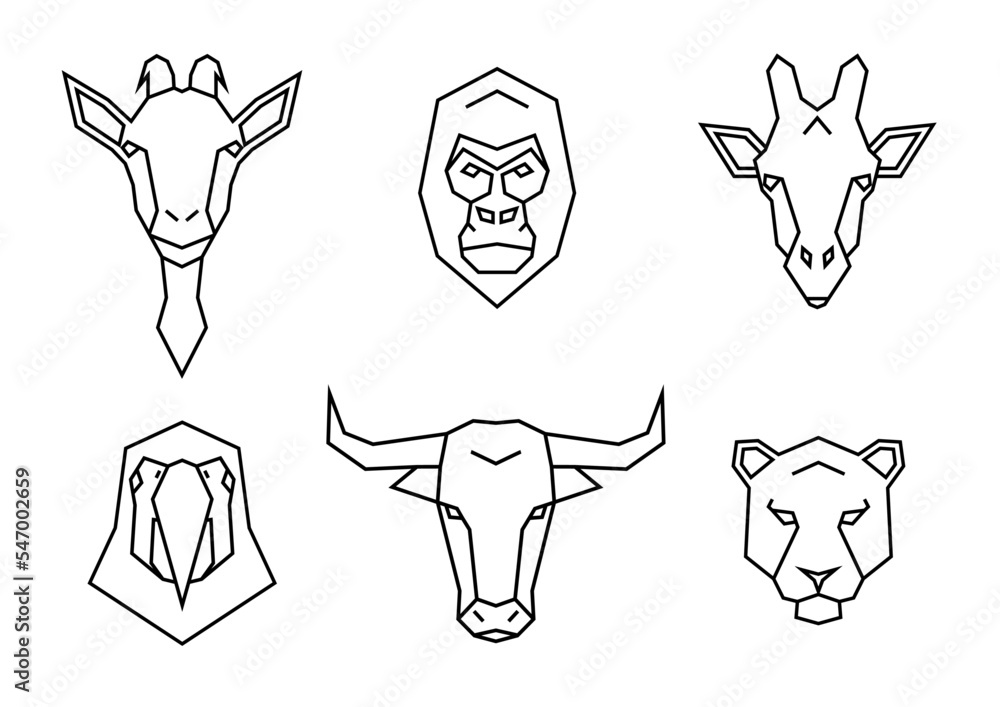 Set of polygon wild animals icons. Geometric heads of a goat, gorilla ...