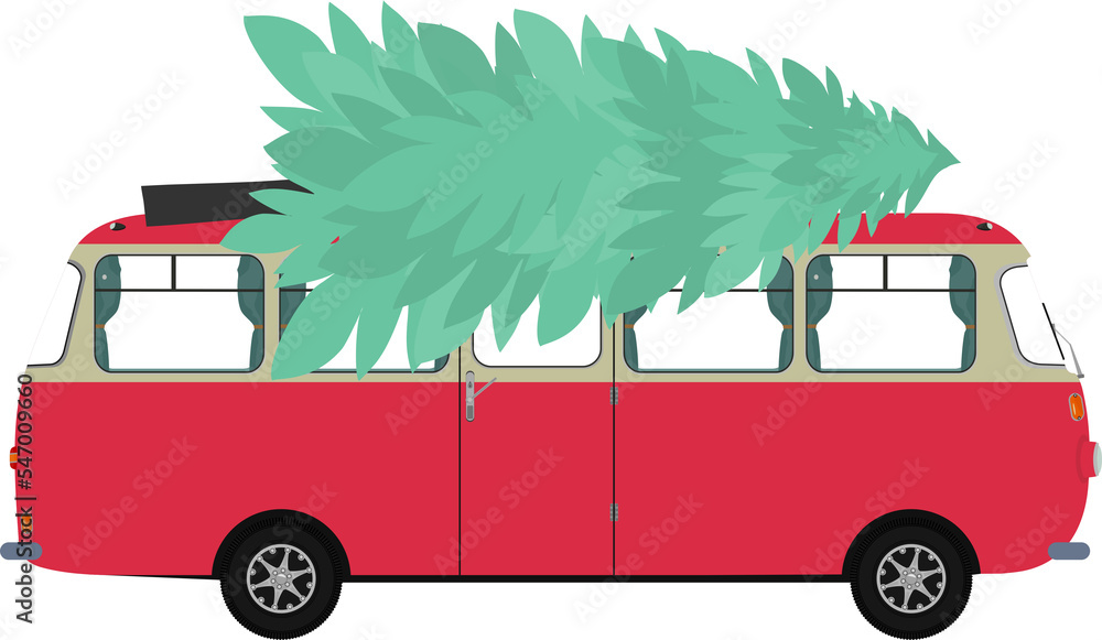 Cartoon bus with a Christmas tree on the roof. Stock Illustration ...