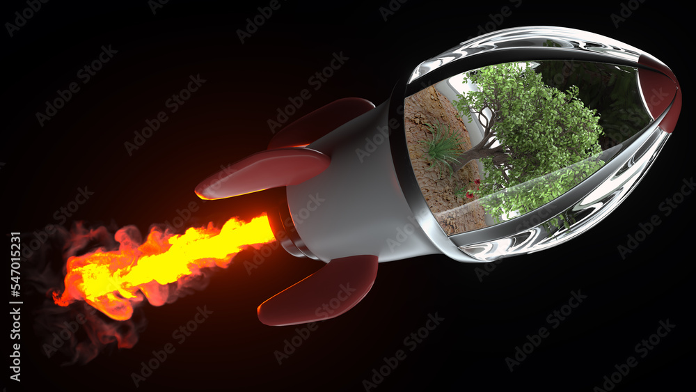 Space rocket flies carrying a tree.Fire flames.Transporting green tree ...