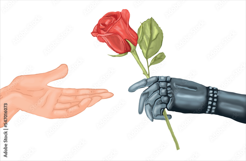 Robot hand giving rose to human hand. Technology and human harmony ...