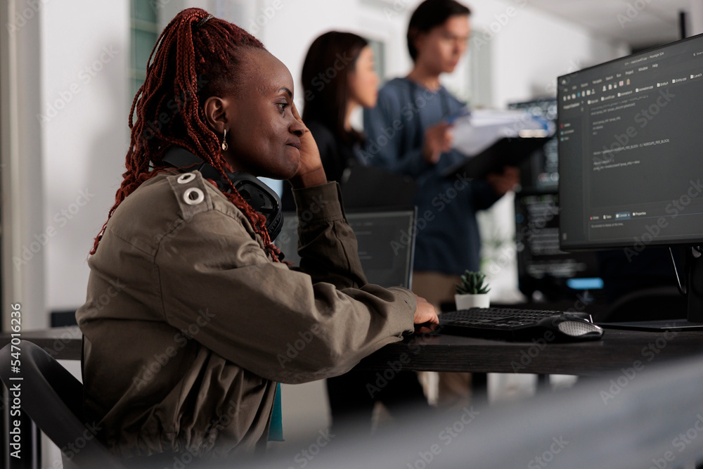 Pensive web developer thinking at software script development ...