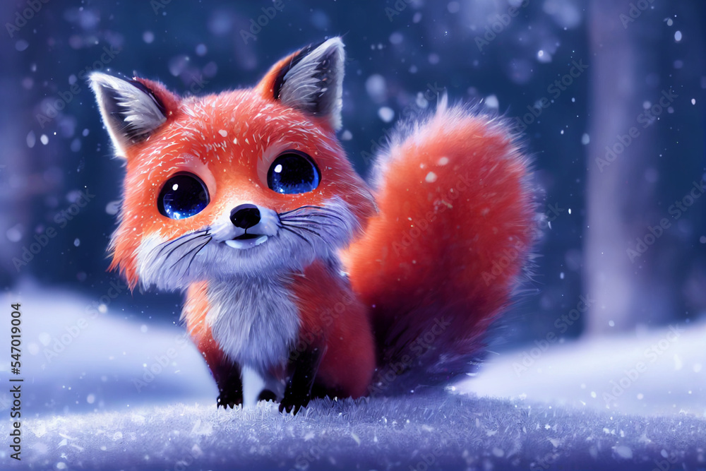 Cute tiny red fox in the snow. Cartoon illustration for kids. Stock ...