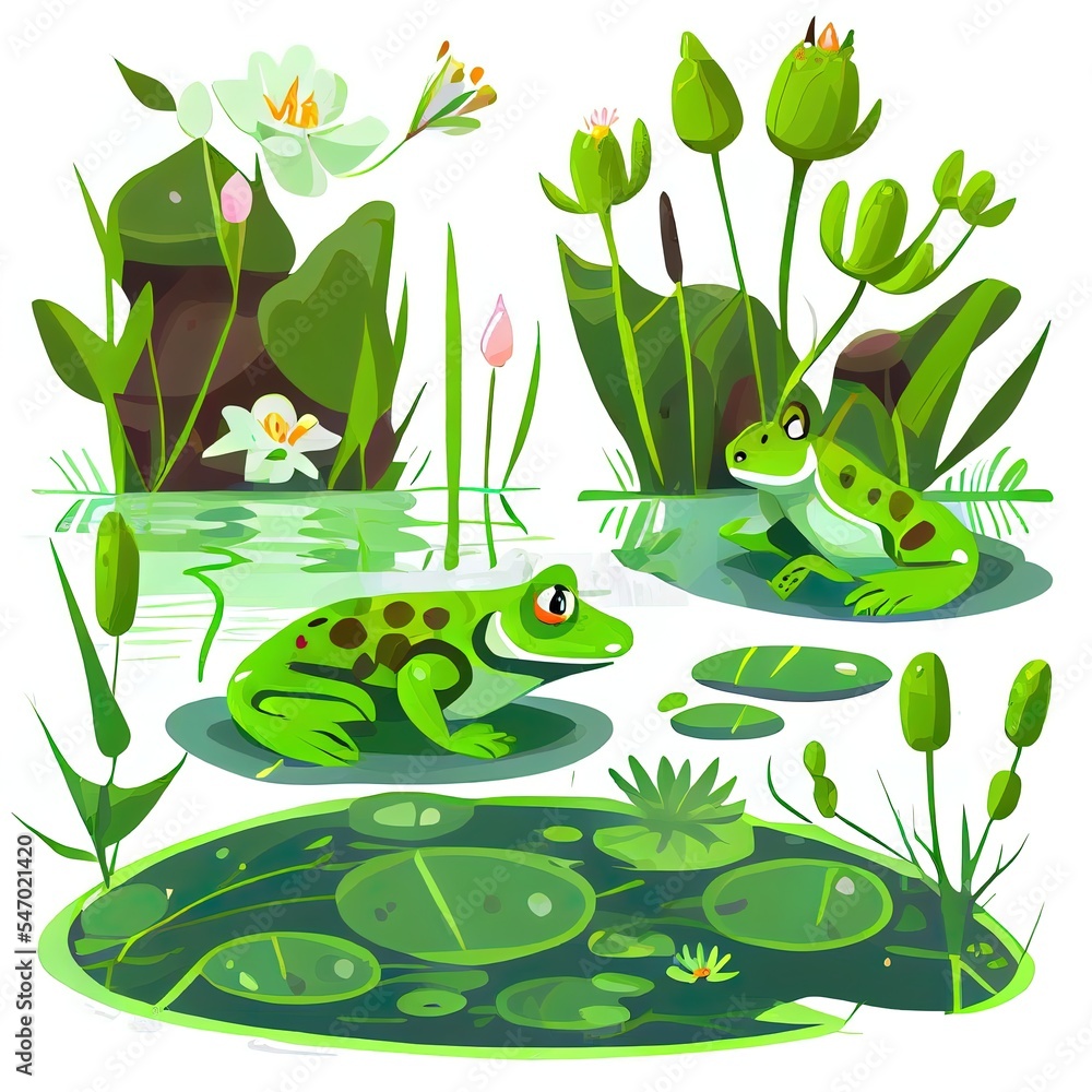 Cartoon frogs. Green cute frog, egg masses, tadpole and froglet ...