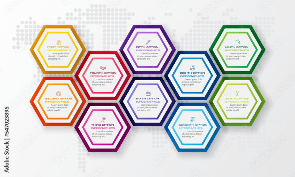Hexagon infographics template with 10 options in white color background ...
