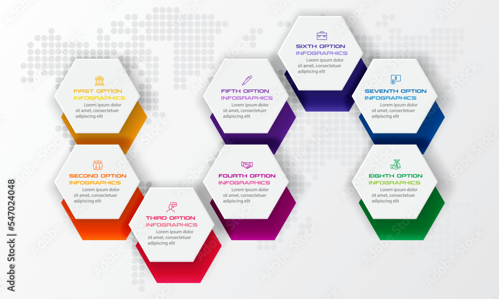 Hexagon infographics template with 8 options in white color background ...