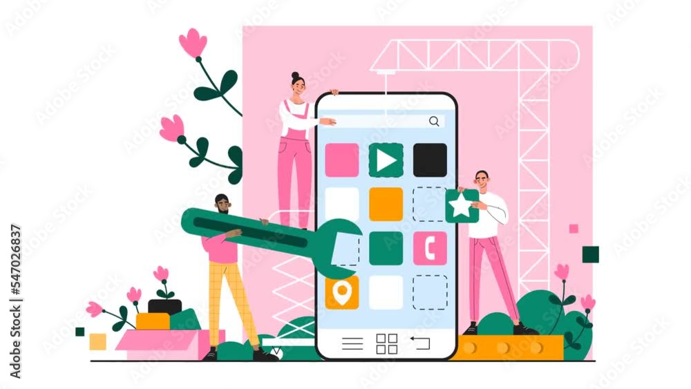 User interface design video concept. Moving men and women create user ...