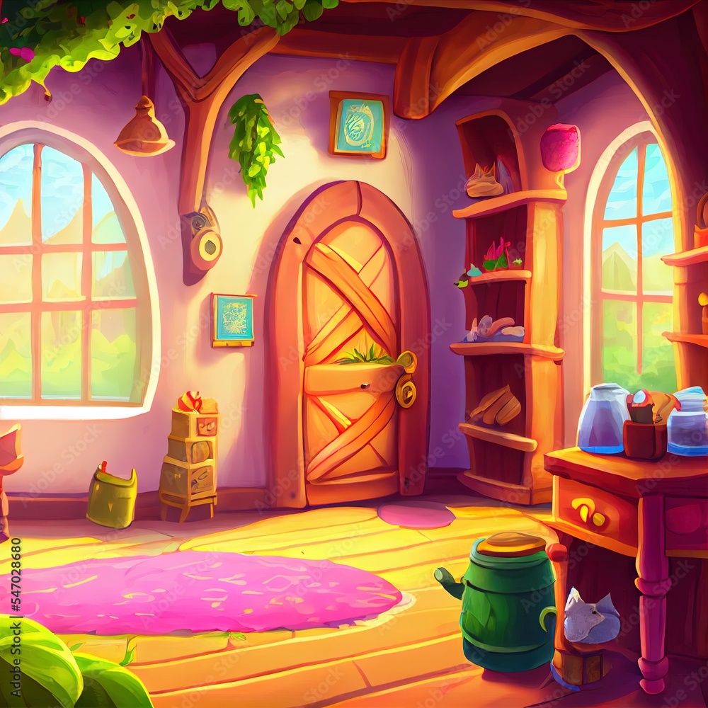 Fairy Tale Cottage Interior. Fiction Children Backdrop. Concept Art ...