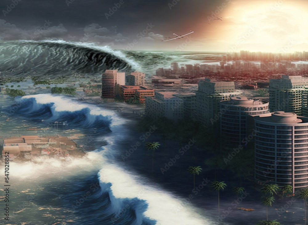 A huge tsunami with 100-foot waves hitting a tropical beach city ...