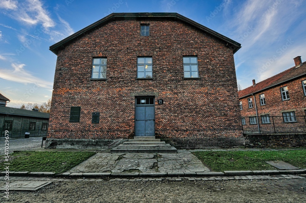 Panoramic view of the exterior design of the Auschwitz concentration ...