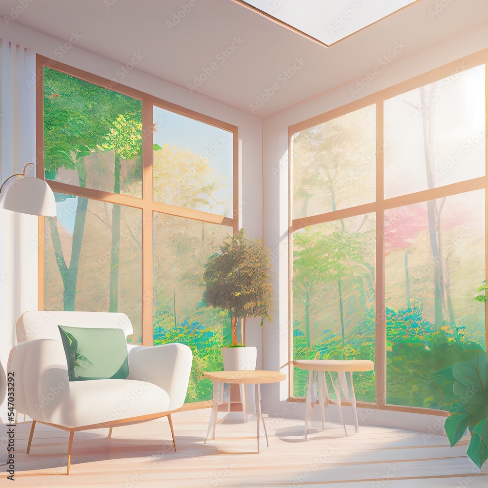 Modern interior space with nature view 3d render There are large window ...