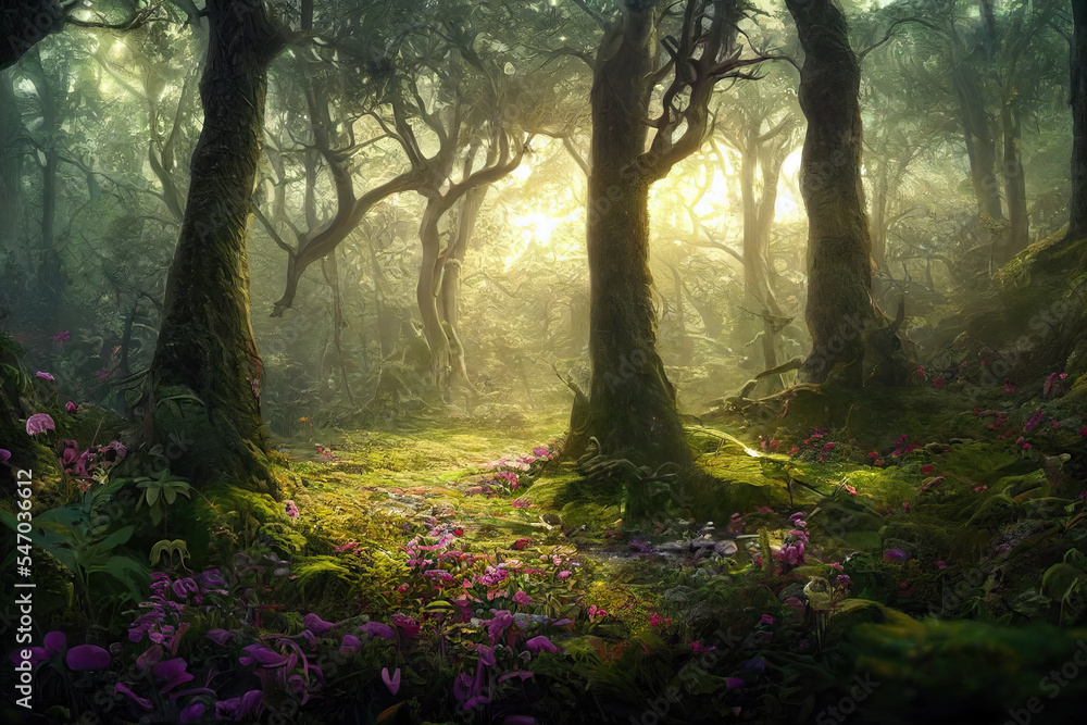 A beautiful fairytale enchanted forest with big trees and great ...