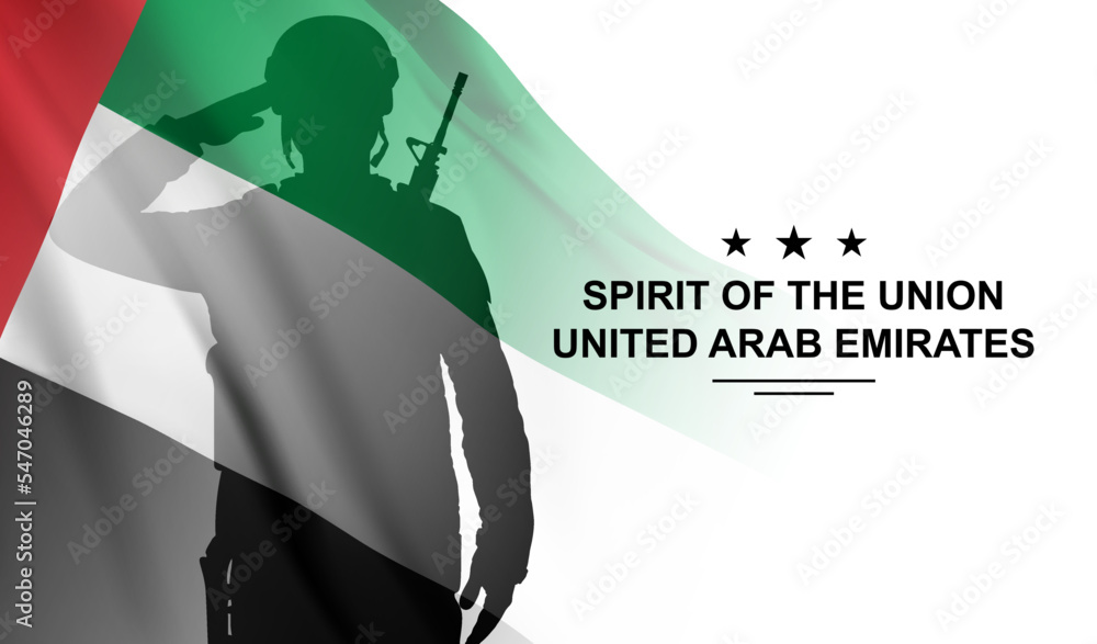 Silhouette of saluting soldier with the flag of UAE on white background ...