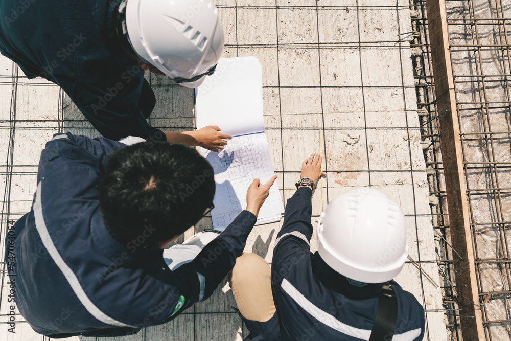 Civil Engineer team working with blueprint for inspection rebar in ...