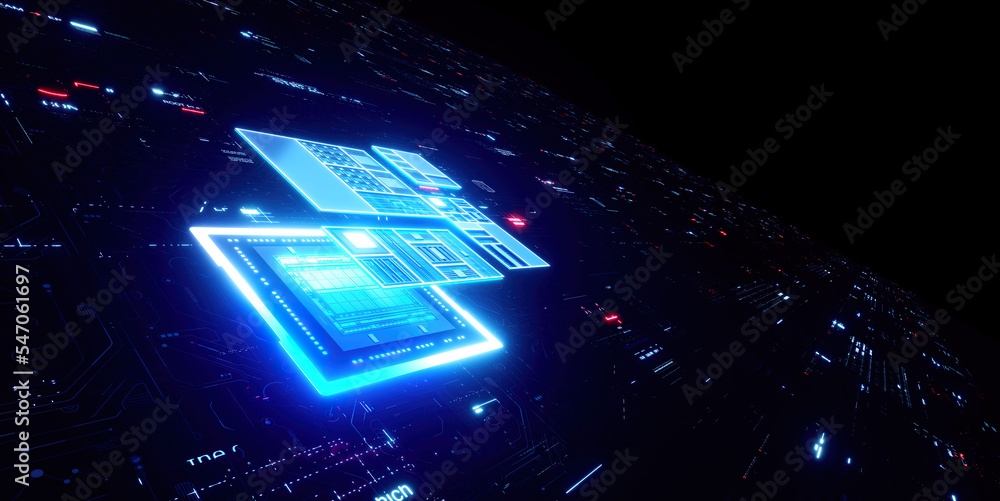3D rendering of cyberpunk AI. Circuit board. Technology background ...