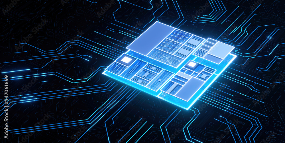 3D rendering of cyberpunk AI. Circuit board. Technology background ...