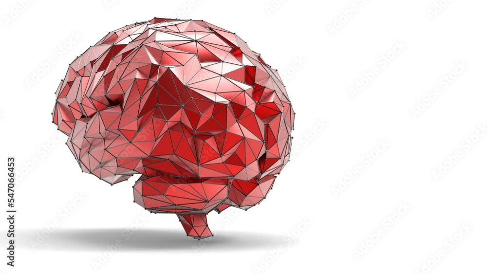 Rotation metallic red abstract polygonal human brain. Low poly black ...