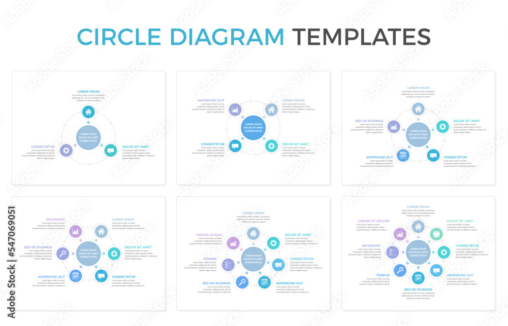 Circle diagram templates set - 3, 4, 5, 6, 7 and 8 elements, circle ...