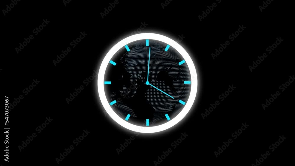 earth clock. clock abstract cyan color digital clock animation on black ...