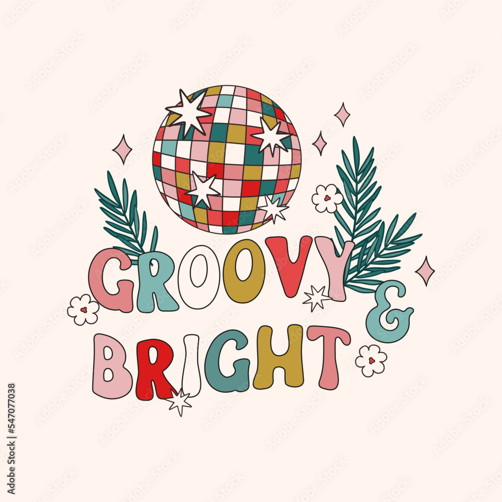 Retro Groovy Hippie Christmas hand drawn greeting card clipart ...