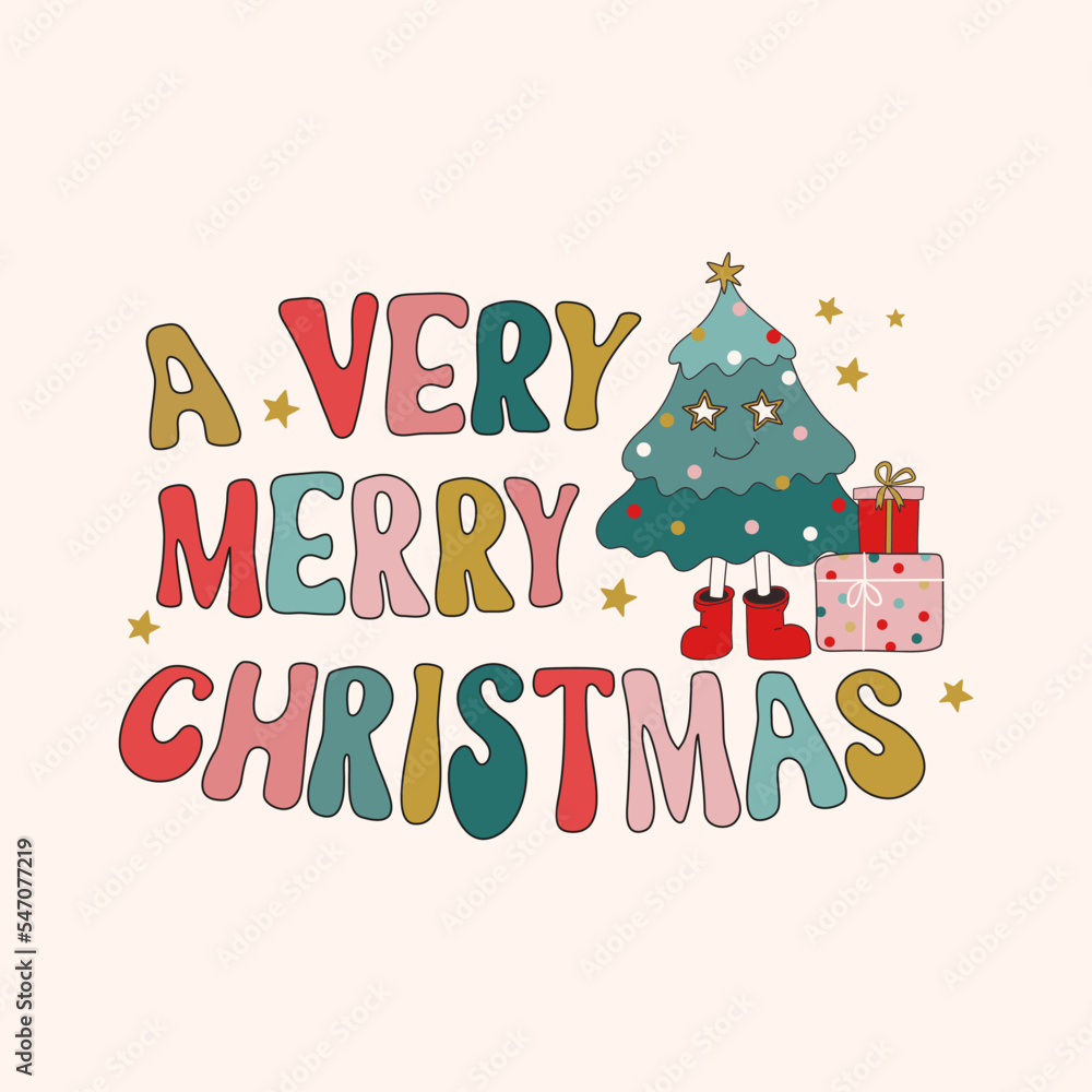 Retro Groovy Hippie Christmas hand drawn greeting card clipart ...