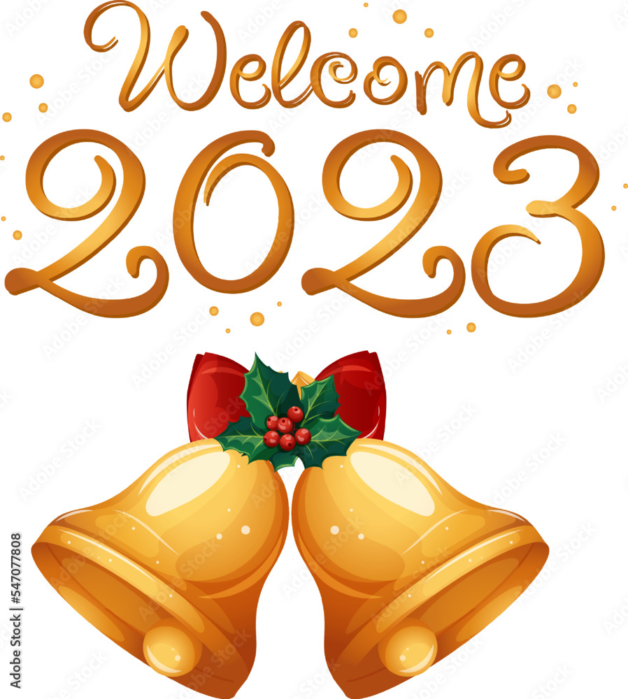 Welcome 2023 gold lettering with cartoon bells on transparent ...