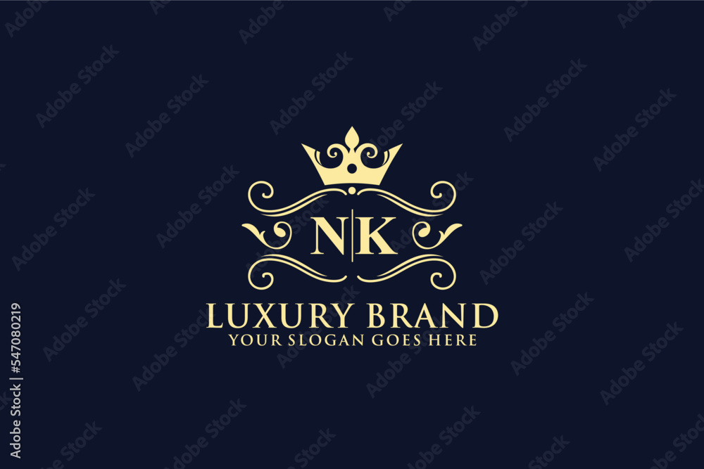 letter Initial NK elegant luxury monogram logo or badge template with scrolls and royal crown ...