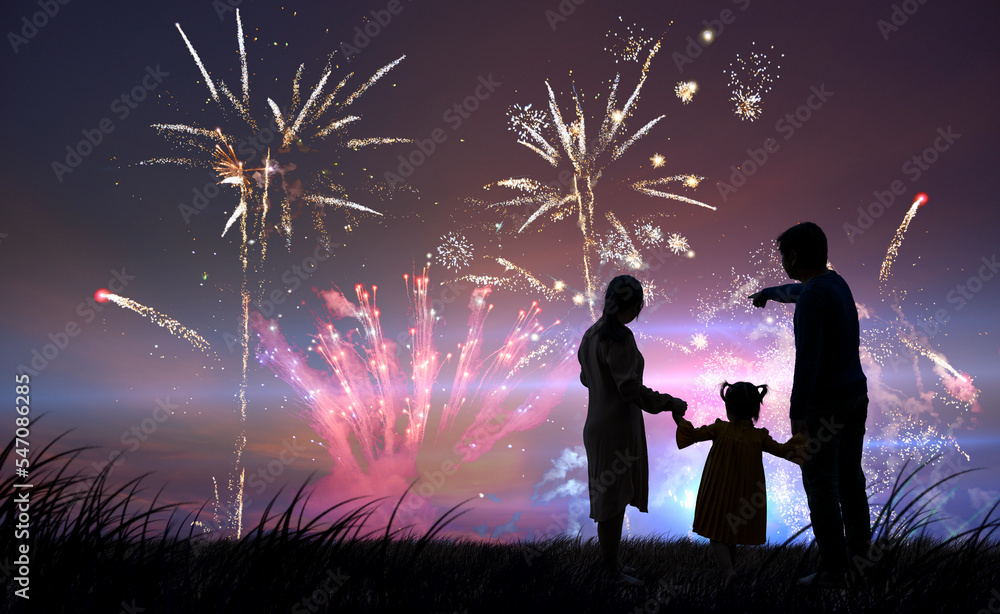 Silhouette of happy family celebrating success with fireworks standing ...