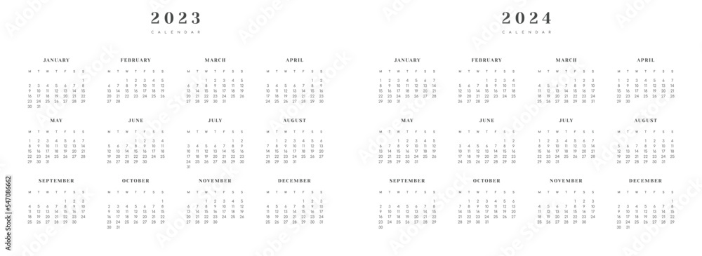 2023 - 2024 Annual Calendar template. Vector layout of a wall or desk ...