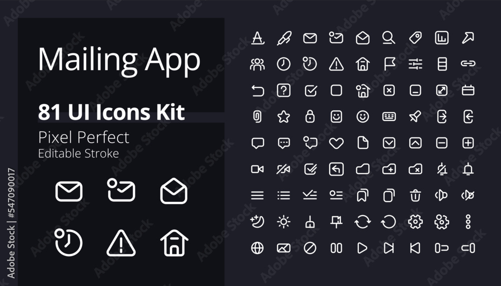 Mailing app pixel perfect white linear ui icons kit for dark theme. Communication technology ...