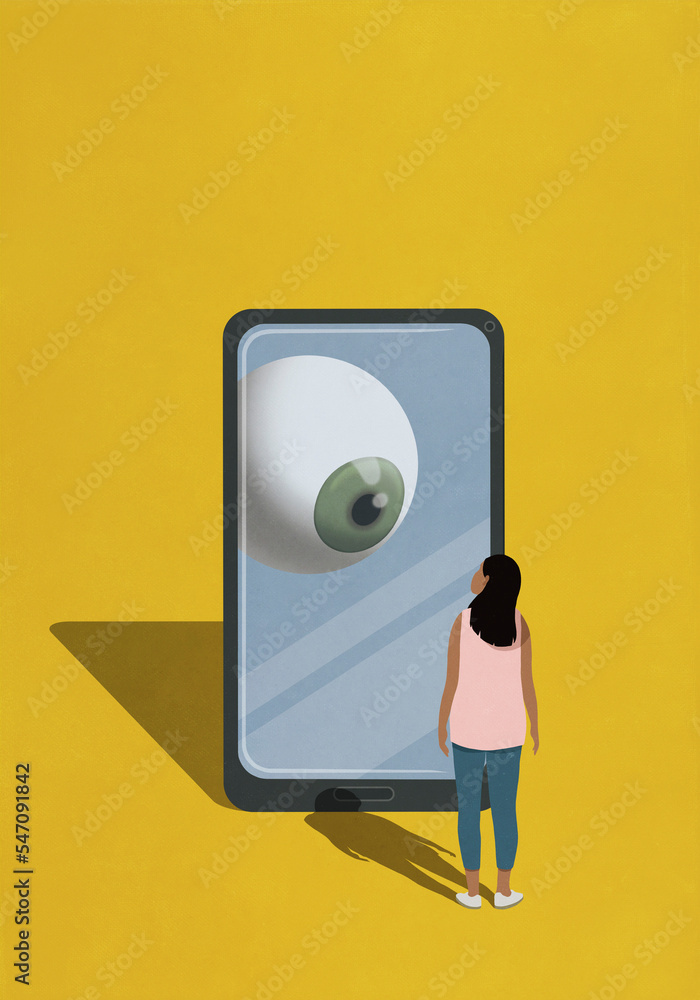 Large eyeball on smart phone watching woman Stock Illustration | Adobe ...
