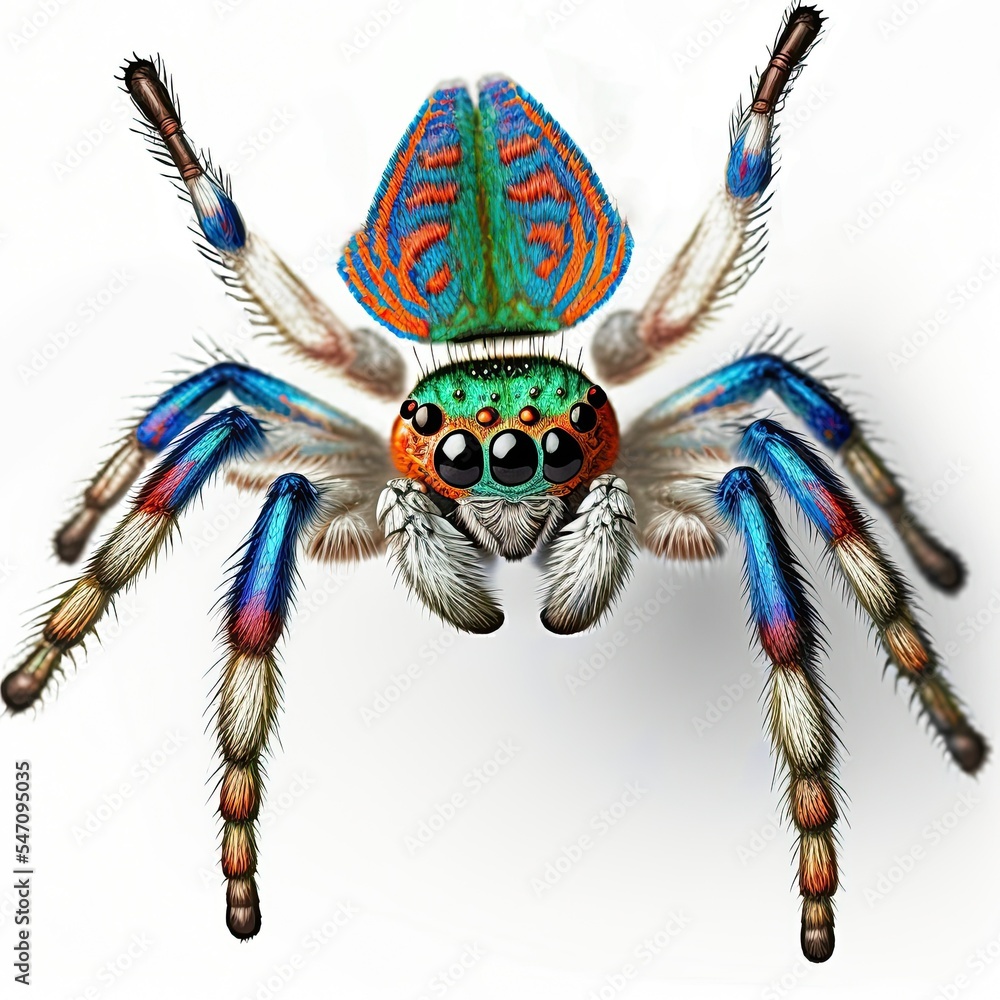 Peacock jumping spider isolated on white background. Maratus volans ...