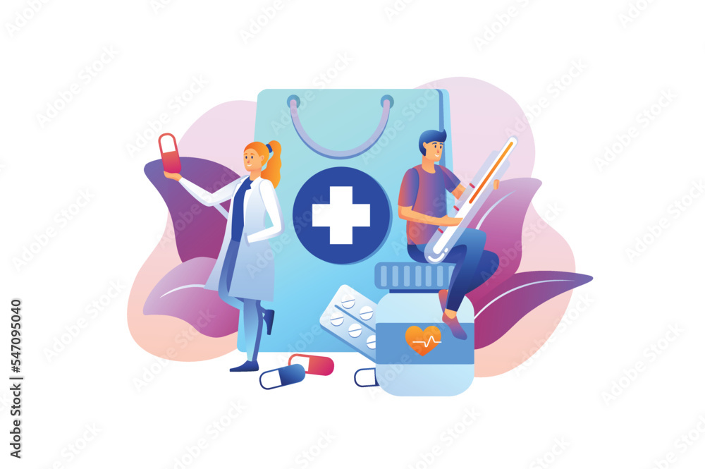 Violet gradient concept Pharmacy with people scene in the flat cartoon ...