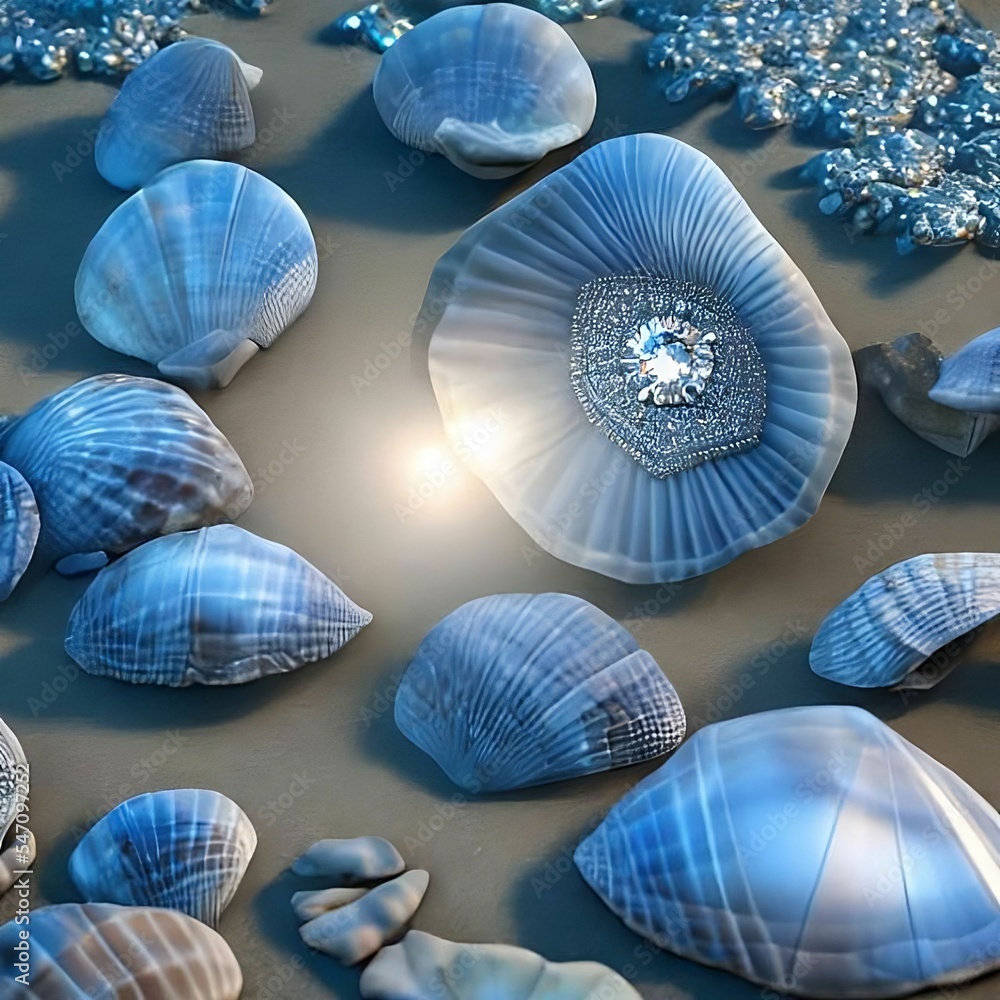 Illustration of 3d sea shells covered with diamonds on a sea beach ...