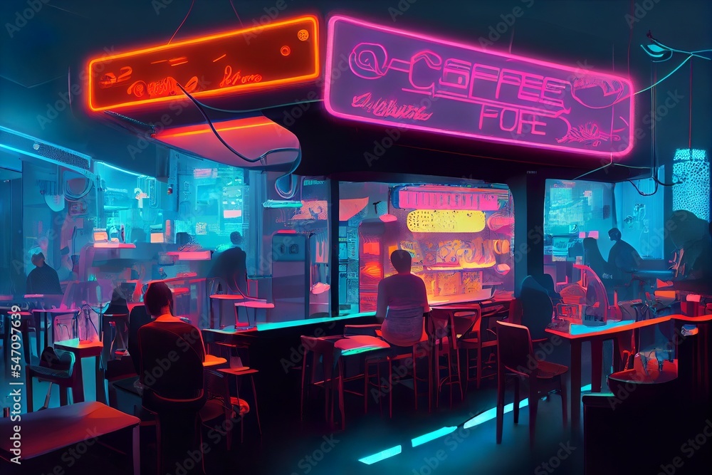 Cyberpunk bar interior design with neon lights illustration Stock ...