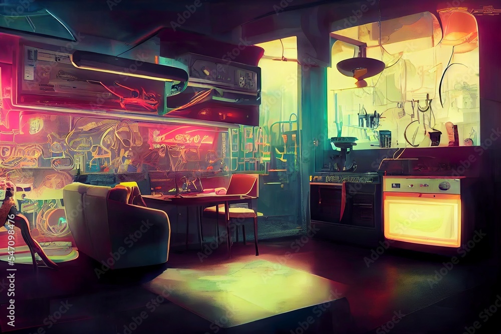Futuristic cyberpunk kitchen interior with neon lights illustration ...