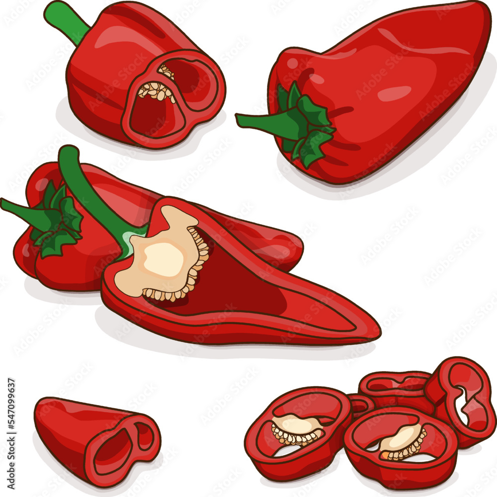 Whole, half, quarter, and slices of Spanish Piquillo peppers. Pimiento ...