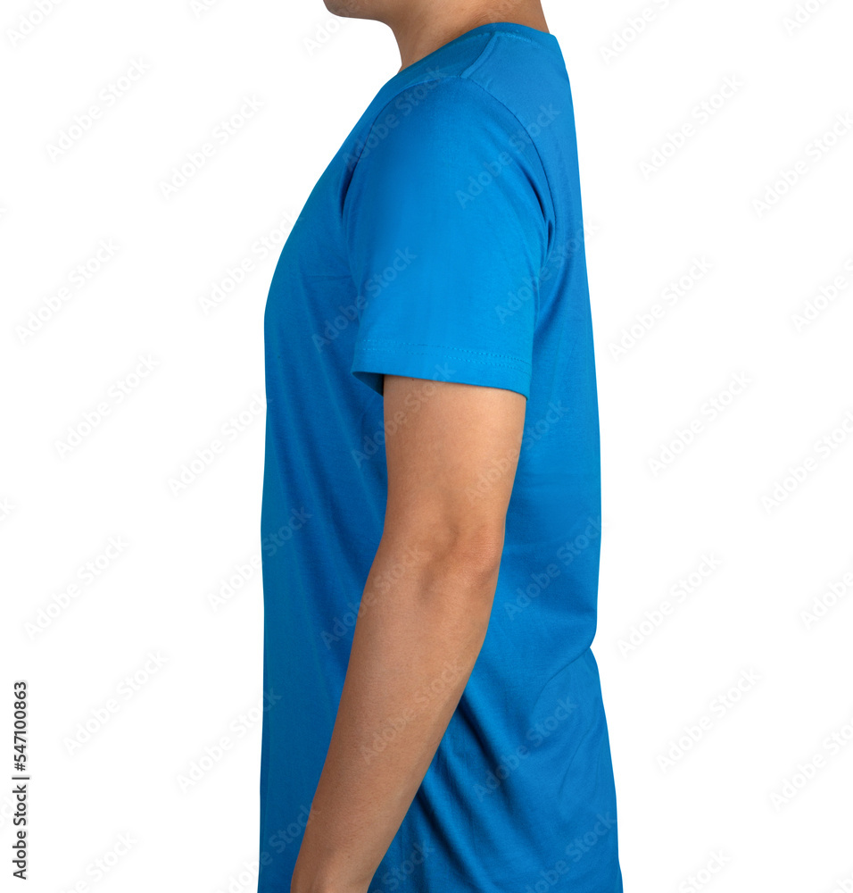 Side view of blue t shirt isolated on white background with clipping ...