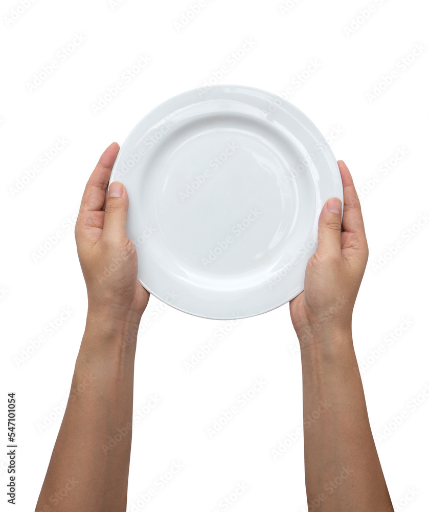 Male hands are holding a plate on a white isolated background Stock ...