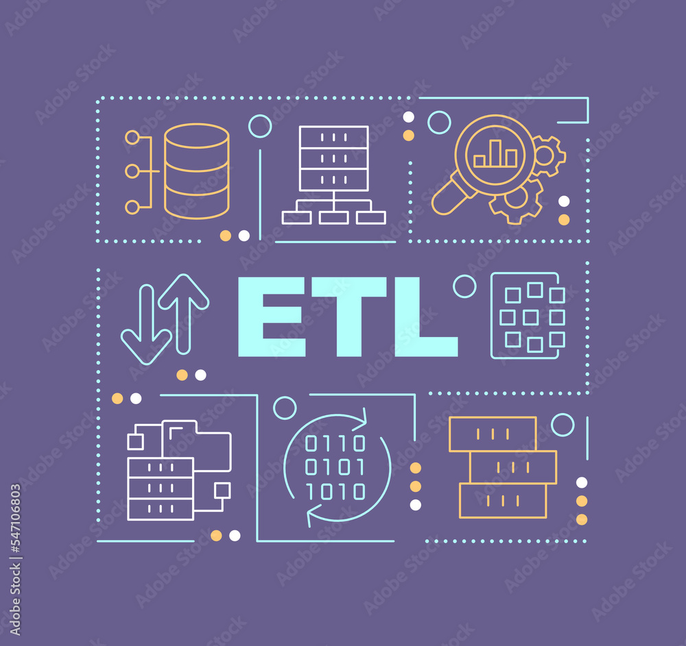 ETL word concepts violet banner. Database process. Information storage. Infographics with ...