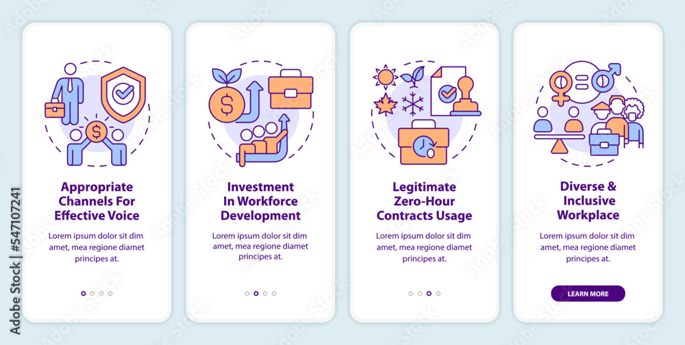 Fair working practices onboarding mobile app screen. Inclusive growth ...