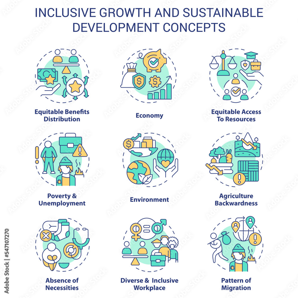 Inclusive growth and sustainable development concept icons set. Green ...