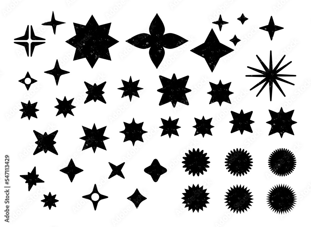 Conjunto de formas variadas; estrellas en color negro con textura ...