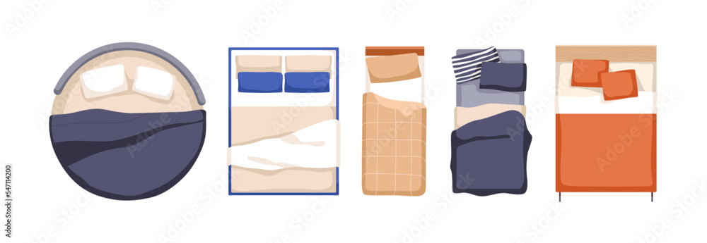Single and double beds with pillows, blankets, top view. Overhead ...
