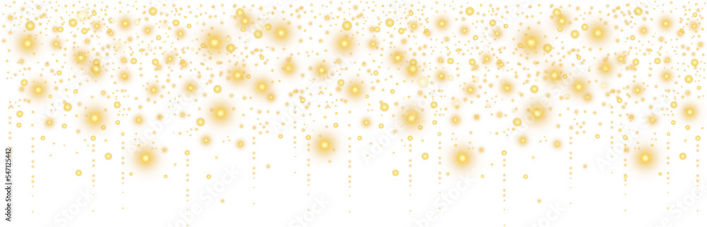 Golden glowing glitter texture on transparent background. Glitter golden light and stars border ...