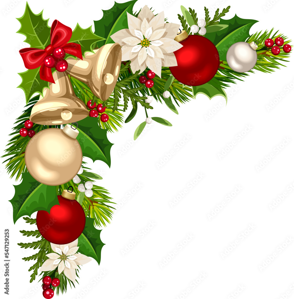 Christmas corner decoration with Christmas bells, balls, green fir ...