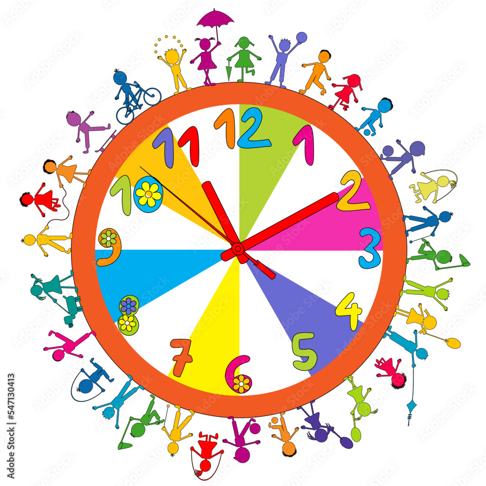 Cartoon clock with stylized colored kids Stock Vector | Adobe Stock