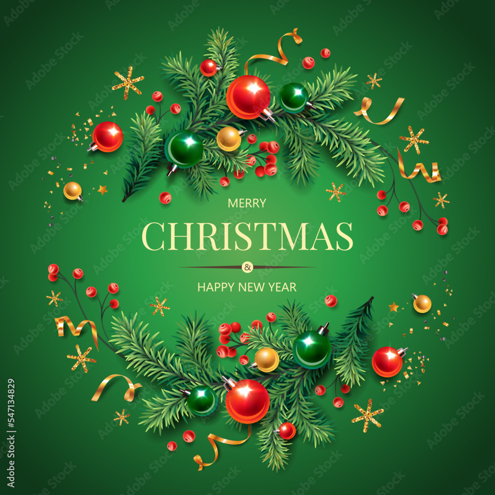 Square banner with gold and red Christmas symbols and text. Christmas ...