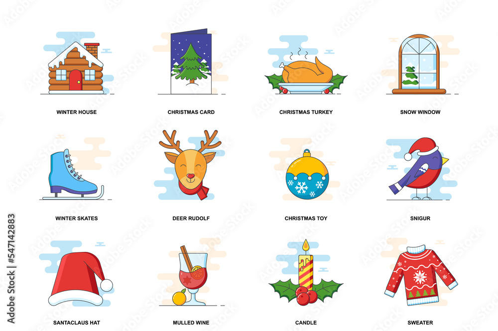 Christmas web concept stroke flat line icons isolated set. Holiday ...