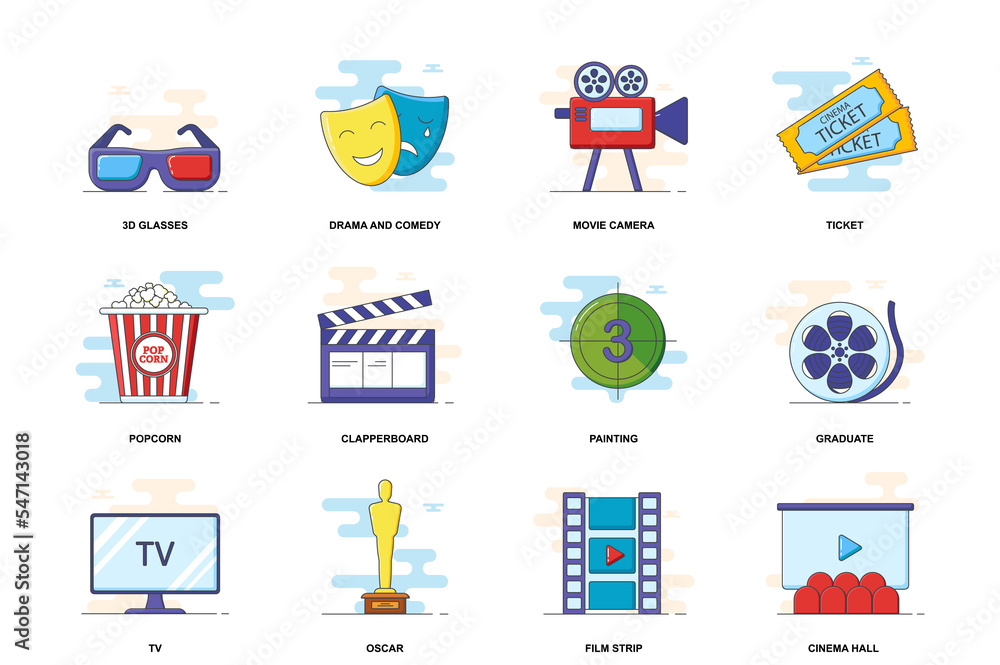Cinema web concept stroke flat line icons isolated set. Film and ...